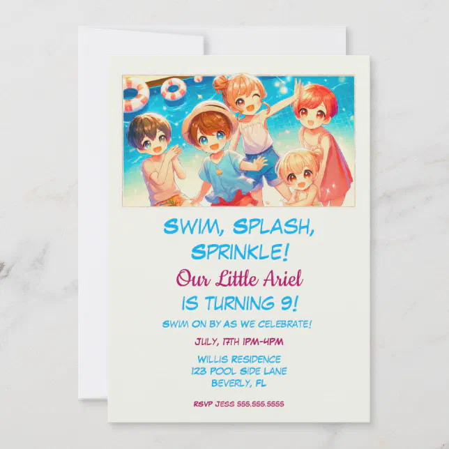 Adorable Japanese Anime Kids Pool Birthday Party Invitation | Zazzle