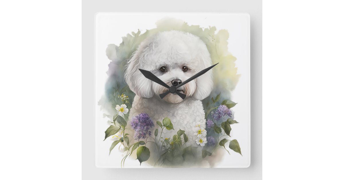 ADORABLE WHITE BICHON FRISE DOG WITH FLOWERS SQUARE WALL CLOCK | Zazzle