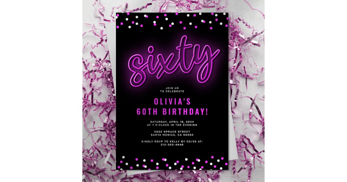 Adult Pink Neon 60th Birthday Party Invitation | Zazzle