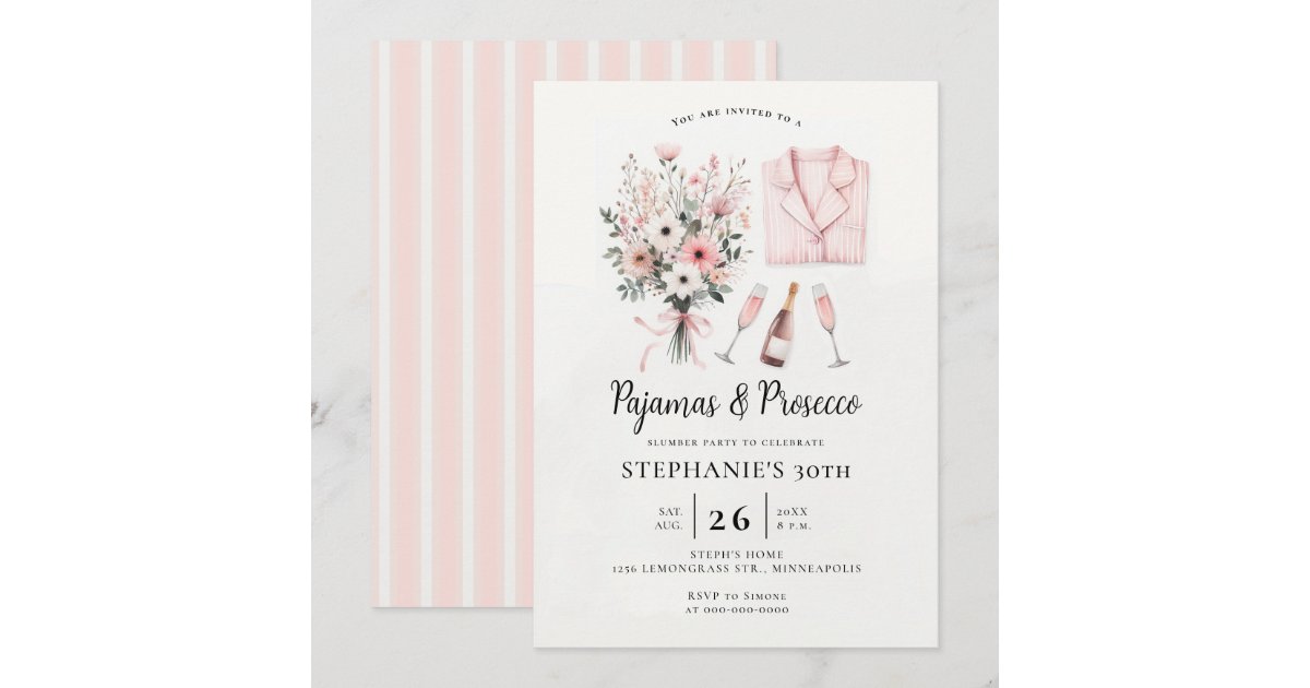 Adult PJ Sleepover Pyjamas Prosecco 30th Birthday Invitation | Zazzle