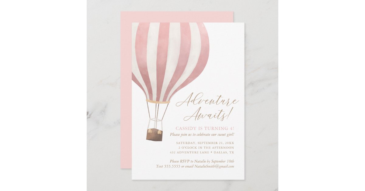 Adventure Awaits Hot Air Balloon Girl Birthday Invitation | Zazzle