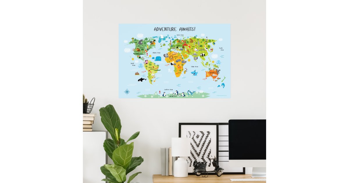 Adventure Awaits World Map for Kids Poster | Zazzle