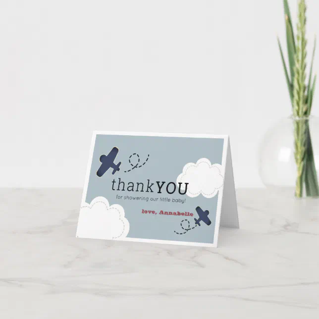 Aeroplane Clouds Blue Sky Boy Baby Shower Thank You Card | Zazzle