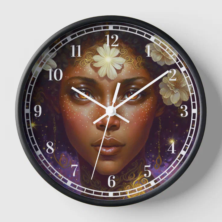 African American Black Goddess Queen Fantasy Art C Clock | Zazzle