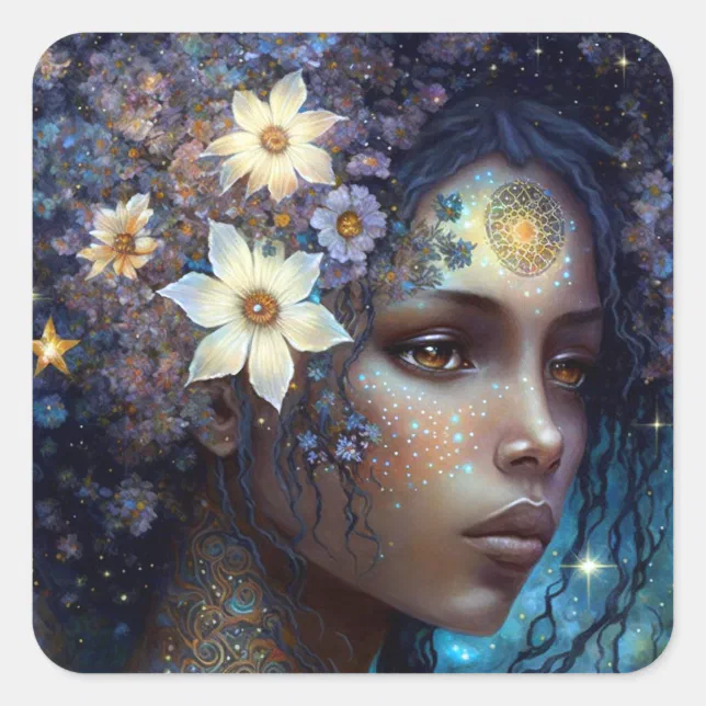 African American Black Goddess Queen Fantasy Art Square Sticker | Zazzle