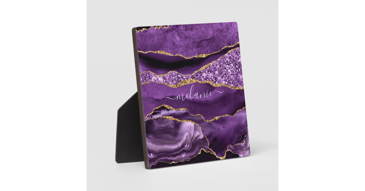 Agate Purple Violet Gold Glitter Geode Custom Name Plaque | Zazzle