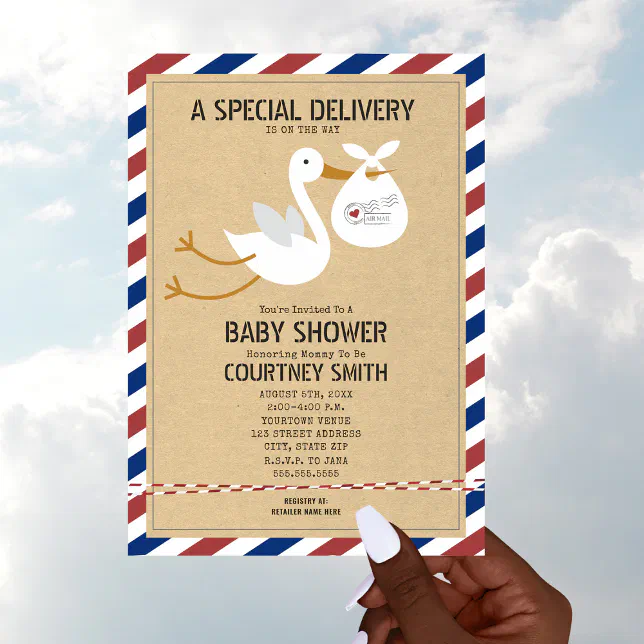 Air Mail Special Delivery Stork Unisex Baby Shower Invitation | Zazzle