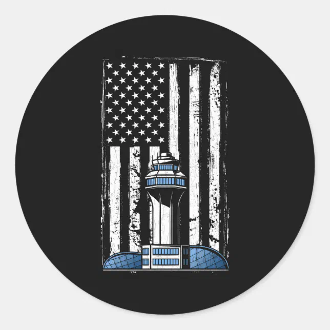 Air Traffic Controller Usa Flag Aeroplane Aviation Classic Round ...