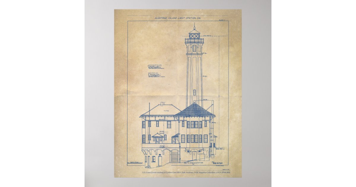 Alcatraz Island Lighthouse Blueprint Vintage Poster | Zazzle