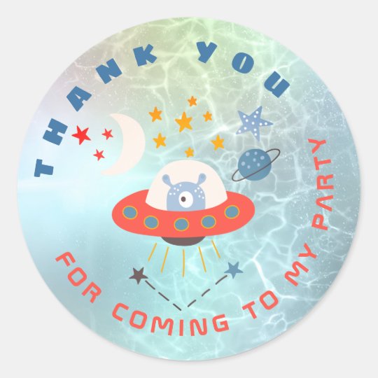 Alien Spaceship Thank You teal Birthday Favour Classic Round Sticker ...