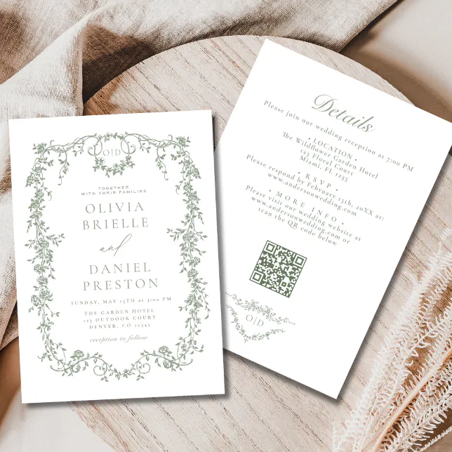 All In One French Sage Green QR Code Wedding Invitation | Zazzle