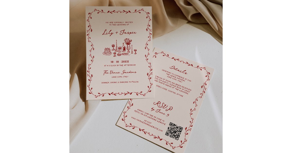 All In One Maroon Hand Drawn QR Code Wedding Invitation | Zazzle