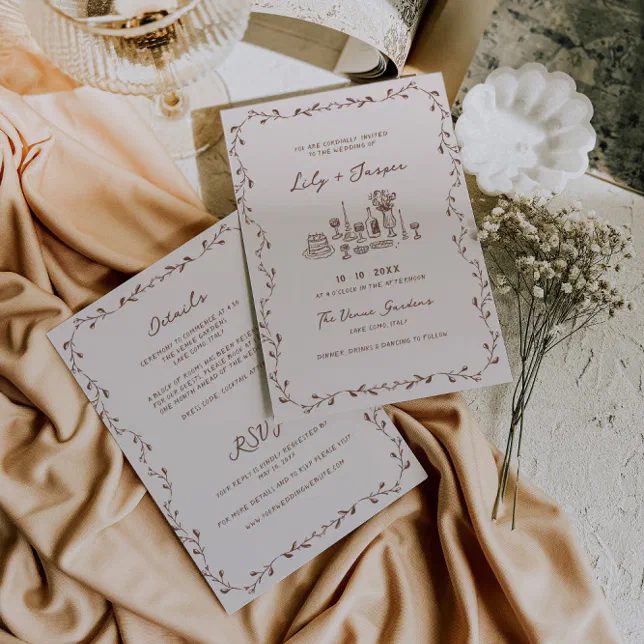 All In One Mocha Hand Drawn Wedding Invitation | Zazzle