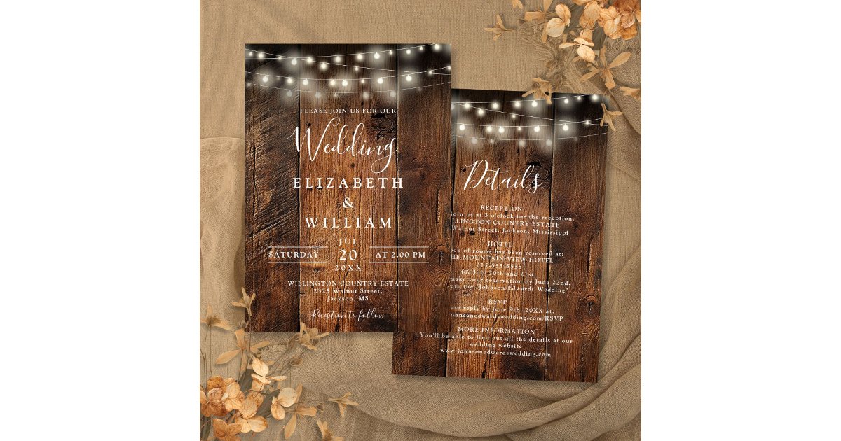 All In One Rustic Barn Wood String Lights Wedding Invitation | Zazzle
