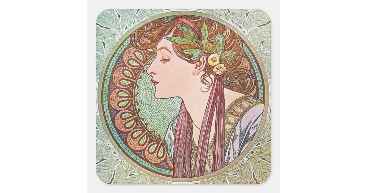 Alphonse Mucha Goddess Art Square Sticker | Zazzle