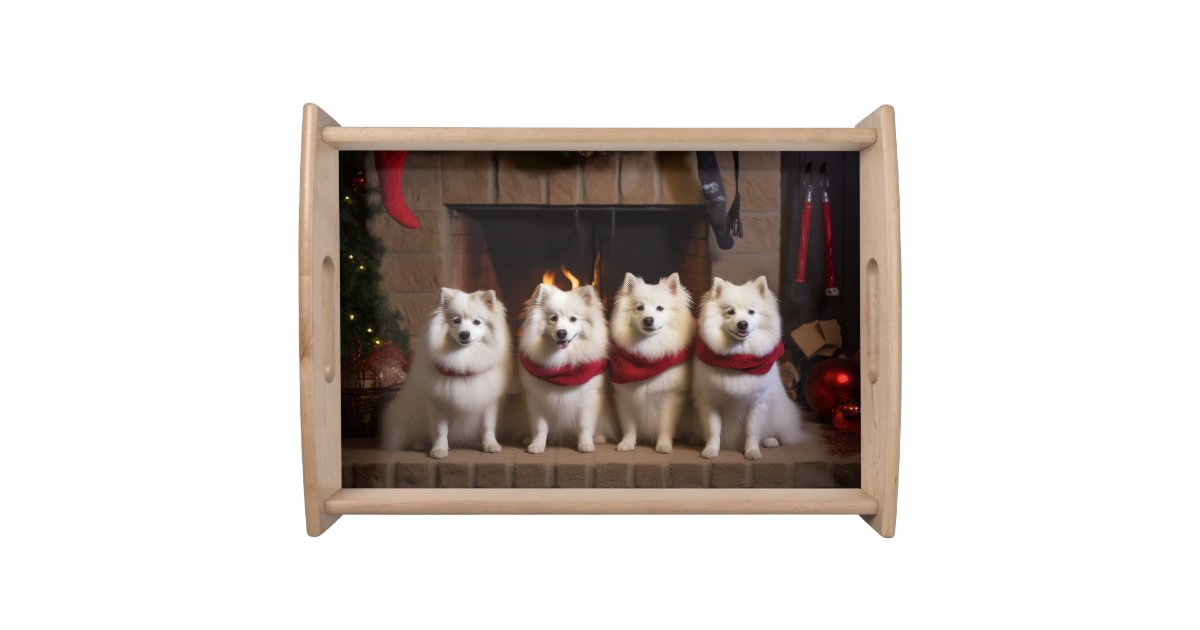 American Eskimo by the Fireplace Christmas Serving Tray | Zazzle