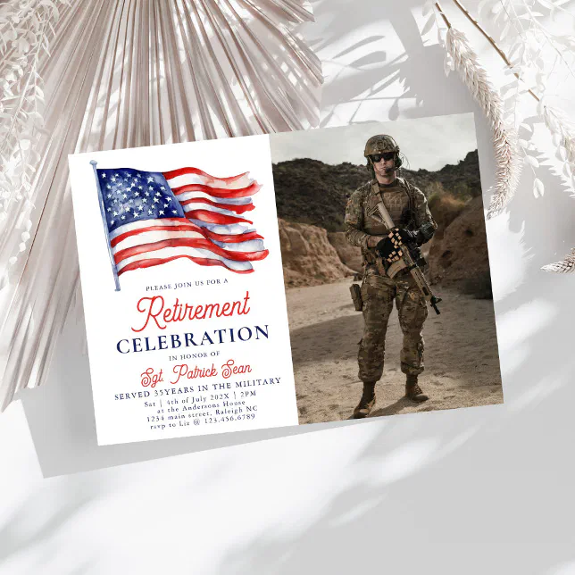 American Flag 4th of July Photo Army Retirement Invitation | Zazzle