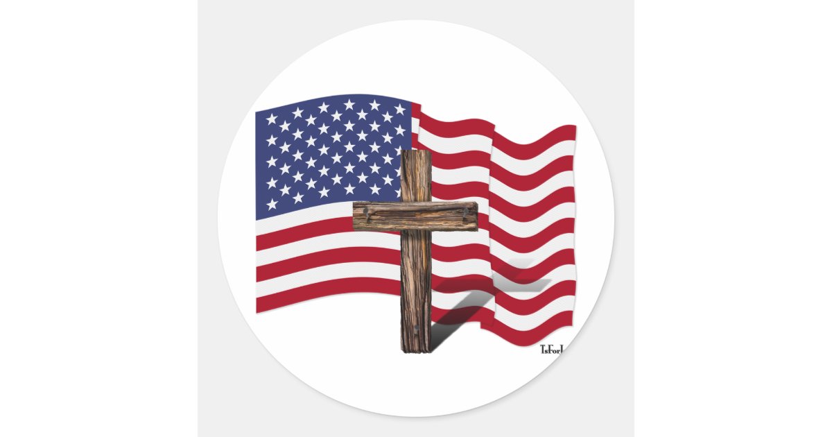 American Flag Waving and Rugged Cross Classic Round Sticker | Zazzle