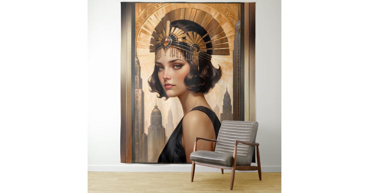 An Art Deco Damsel AI Concept Art by Xzendor7 Tapestry | Zazzle
