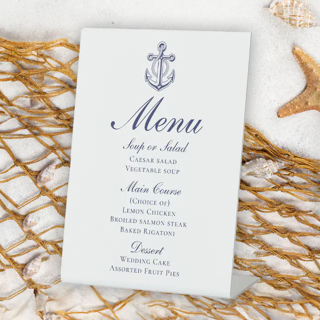 Anchor Sailor Navy Blue Nautical Wedding Menu Pedestal Sign | Zazzle
