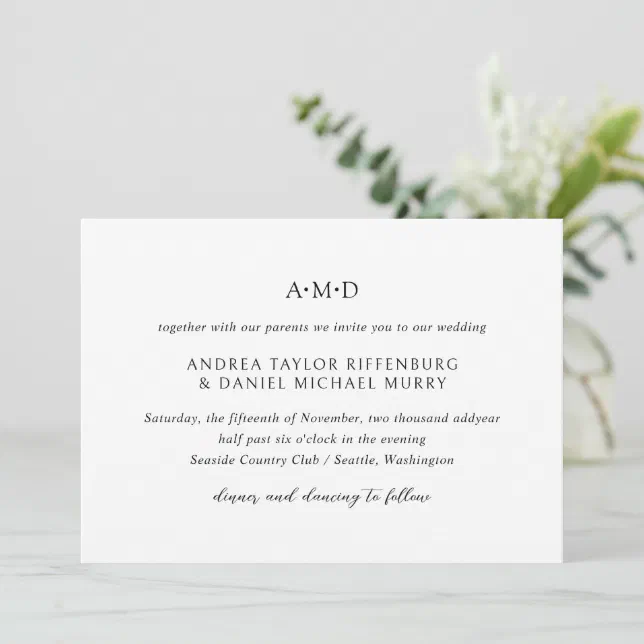 Andrea Black White Elegant Wedding Invitation | Zazzle