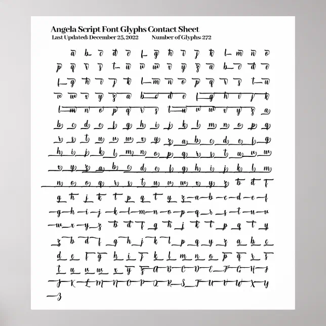 Angela Script Font Glyphs Contact Sheet Poster | Zazzle