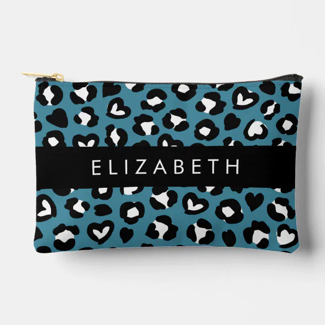 Animal Print, Blue Leopard, Hearts, Your Name Accessory Pouch | Zazzle