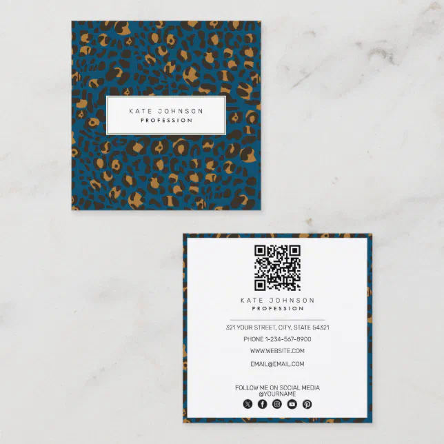 Animal Skin Leopard Print Pattern Blue QR Code Square Business Card ...