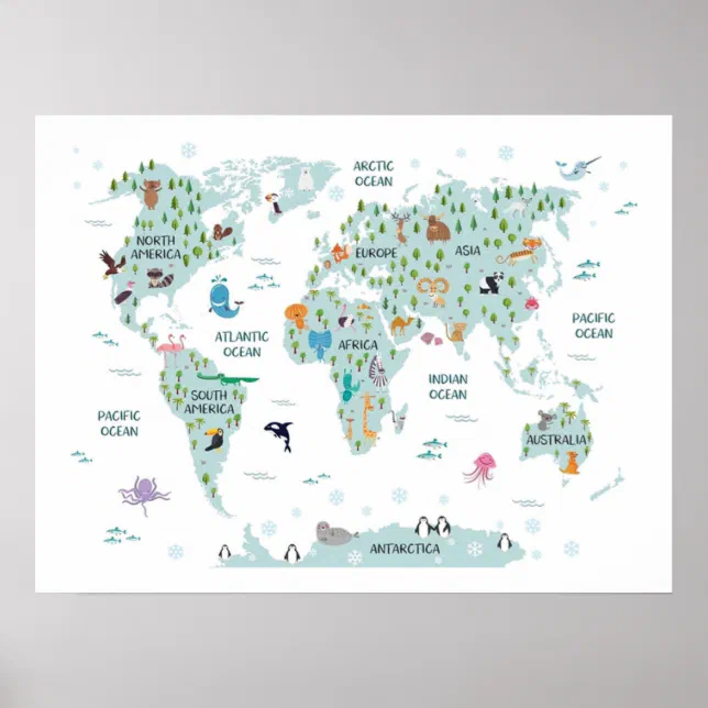 Animal World Map Poster | Zazzle