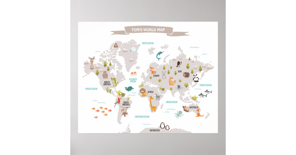Animal World poster World Map Wall decal Kids | Zazzle