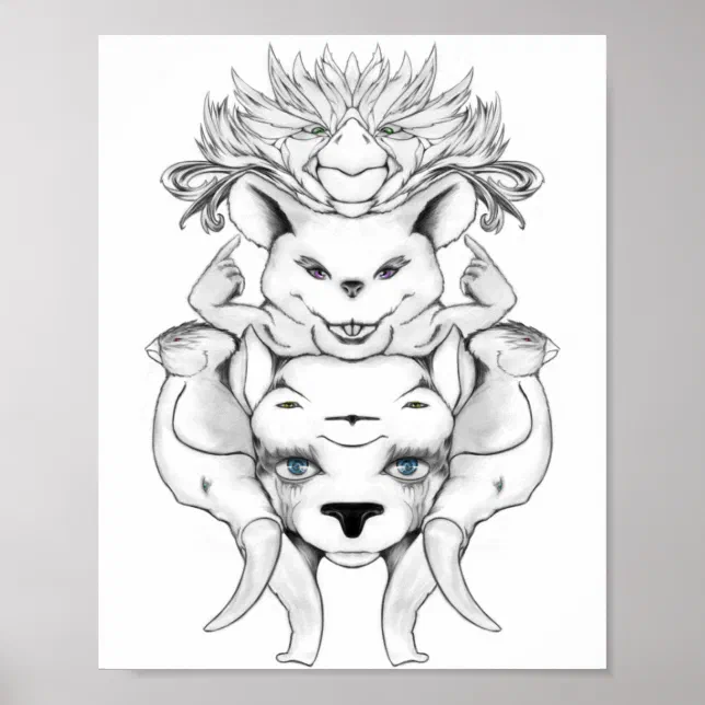 Animals totem black and white line art drawing poster | Zazzle