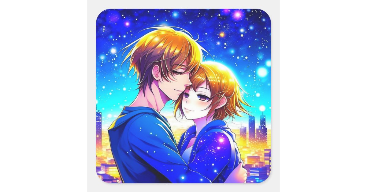 Anime Couple Cuddling with a City View Square Sticker | Zazzle