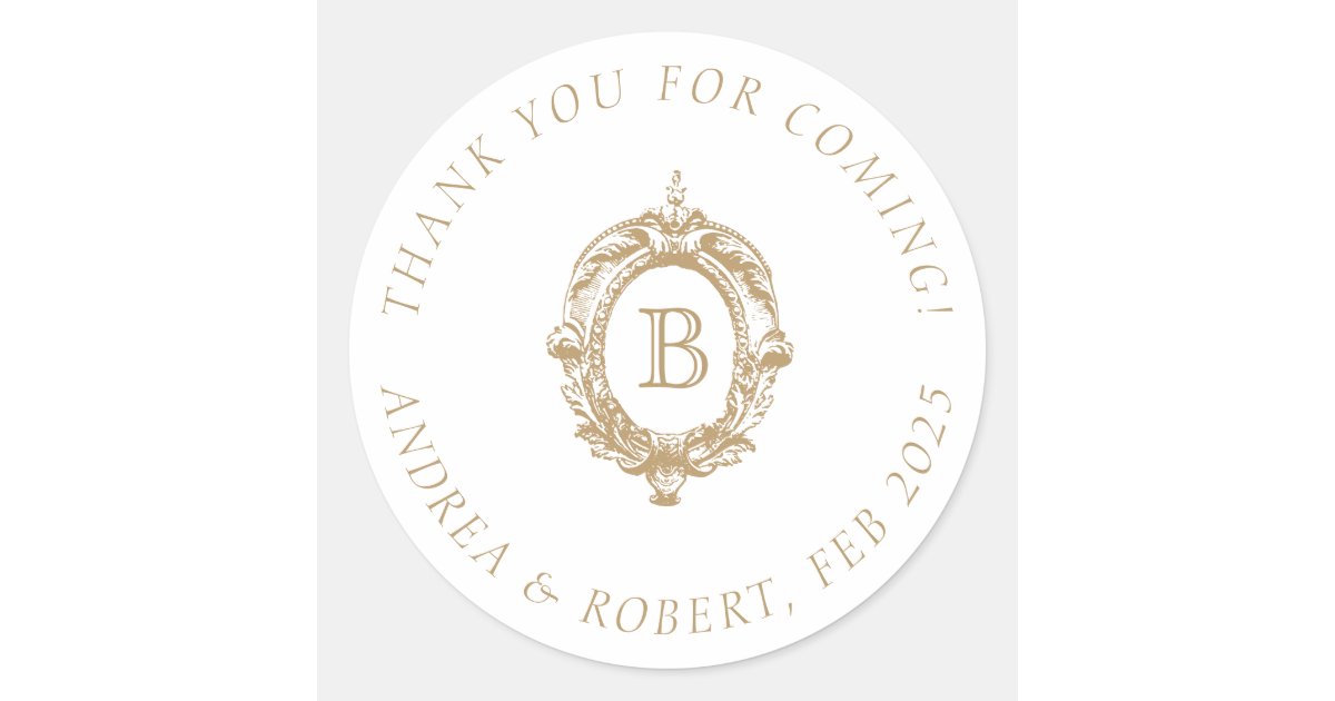 Antique Gold Monogram Crest Wedding Classic Round Sticker | Zazzle