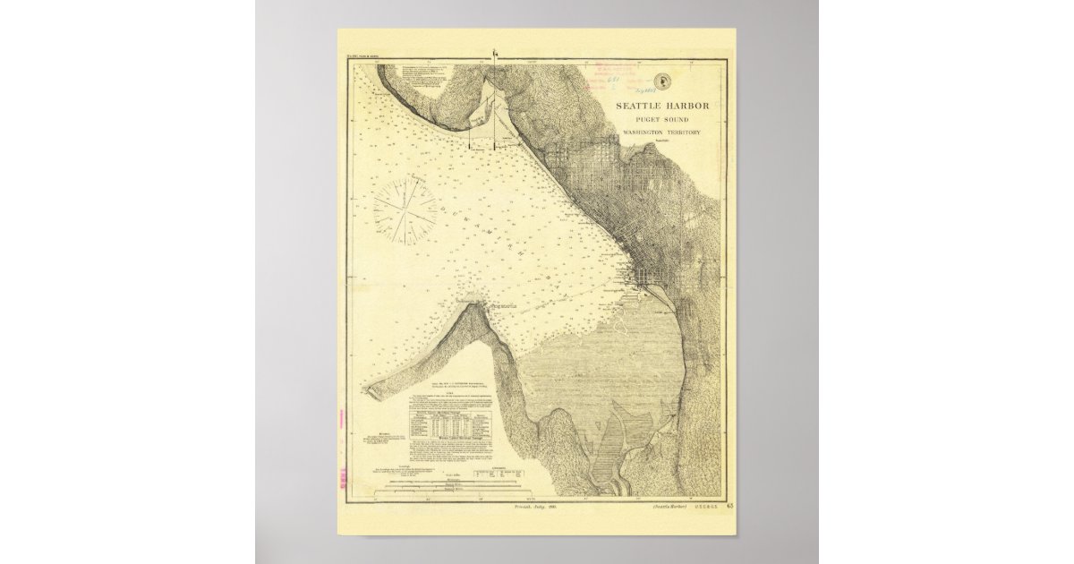 Antique Map of Seattle Harbour and Puget Sound Poster | Zazzle
