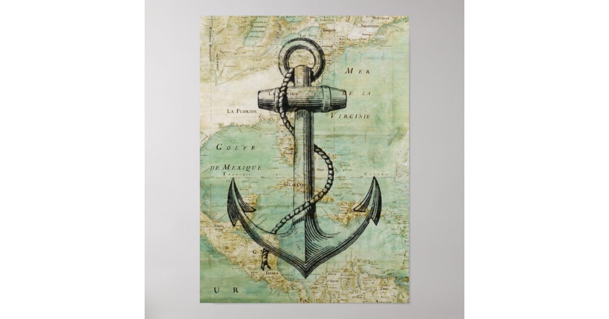 Antique Nautical Map & Anchor Poster | Zazzle