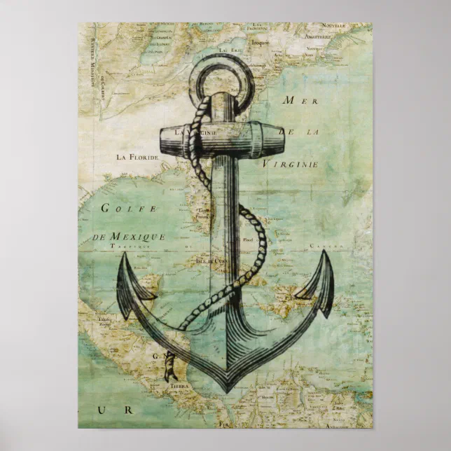 Antique Nautical Map & Anchor Poster | Zazzle