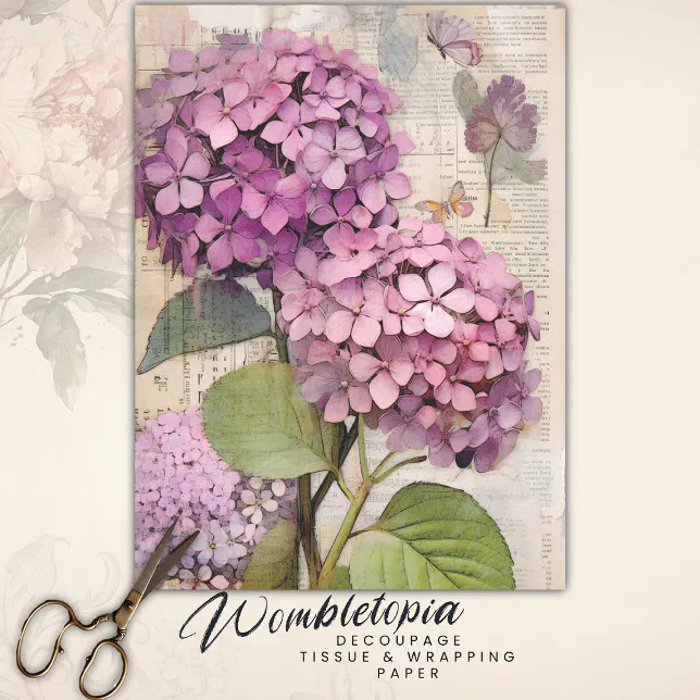 Antique Pink Hydrangea Ephemera Script Decoupage Tissue Paper | Zazzle