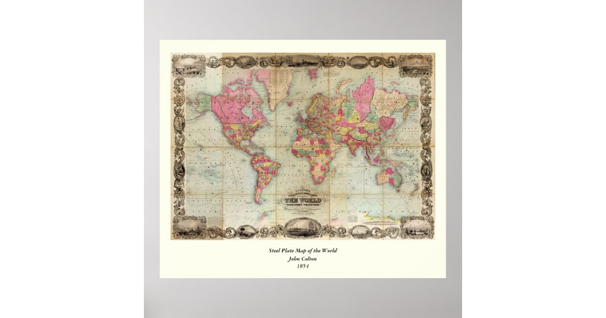 Antique World Map by John Colton, circa 1854 Poster | Zazzle