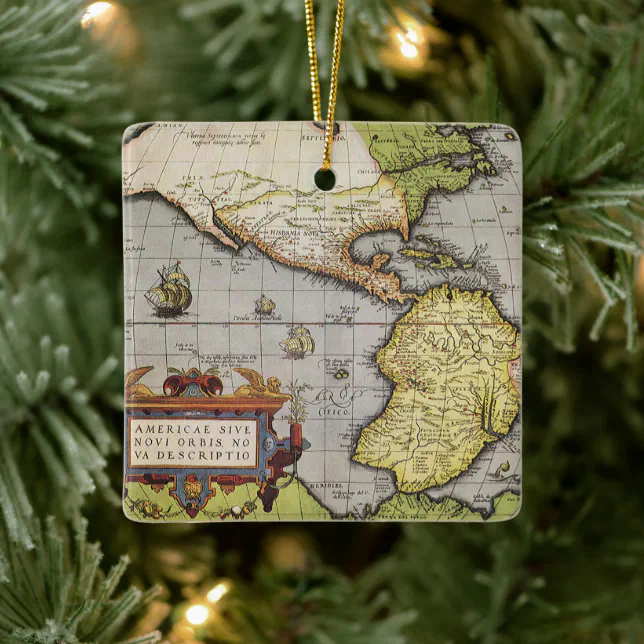 Antique World Map of the Americas, 1570 Ceramic Tree Decoration | Zazzle
