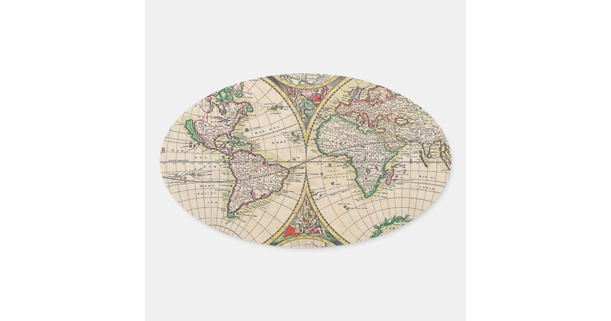 Antique World Map Oval Sticker | Zazzle