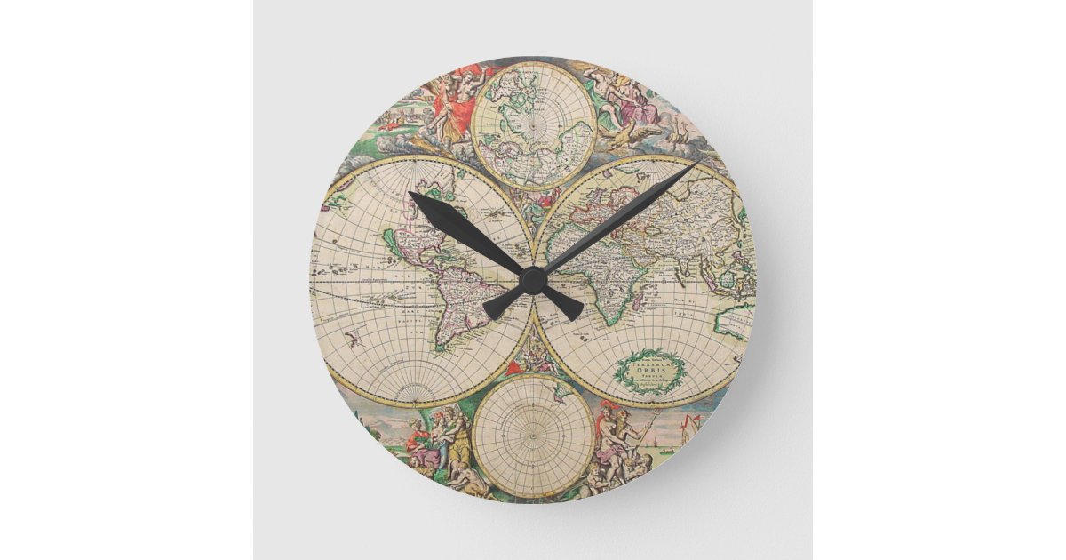 Antique World Map Round Clock | Zazzle