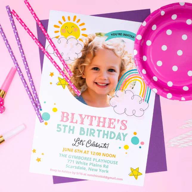 ANY AGE - Sunshine and Rainbow Birthday Photo Invitation | Zazzle