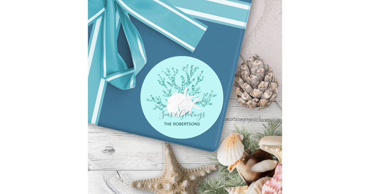 Aqua Blue Seas and Greetings Christmas Classic Round Sticker | Zazzle
