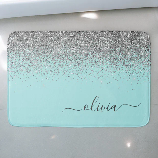 Aqua Blue Teal Silver Glitter Monogram Bath Mat | Zazzle