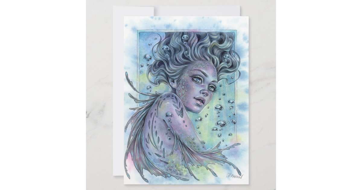 Aqua Fantasy Nymph Mermaid Female Art Card | Zazzle