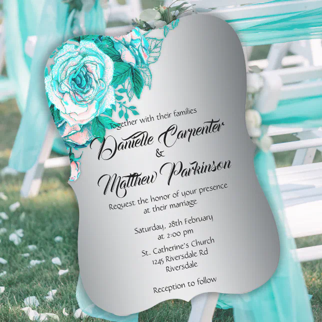 Aqua Roses and Silver Elegance Curved Wedding Invitation | Zazzle