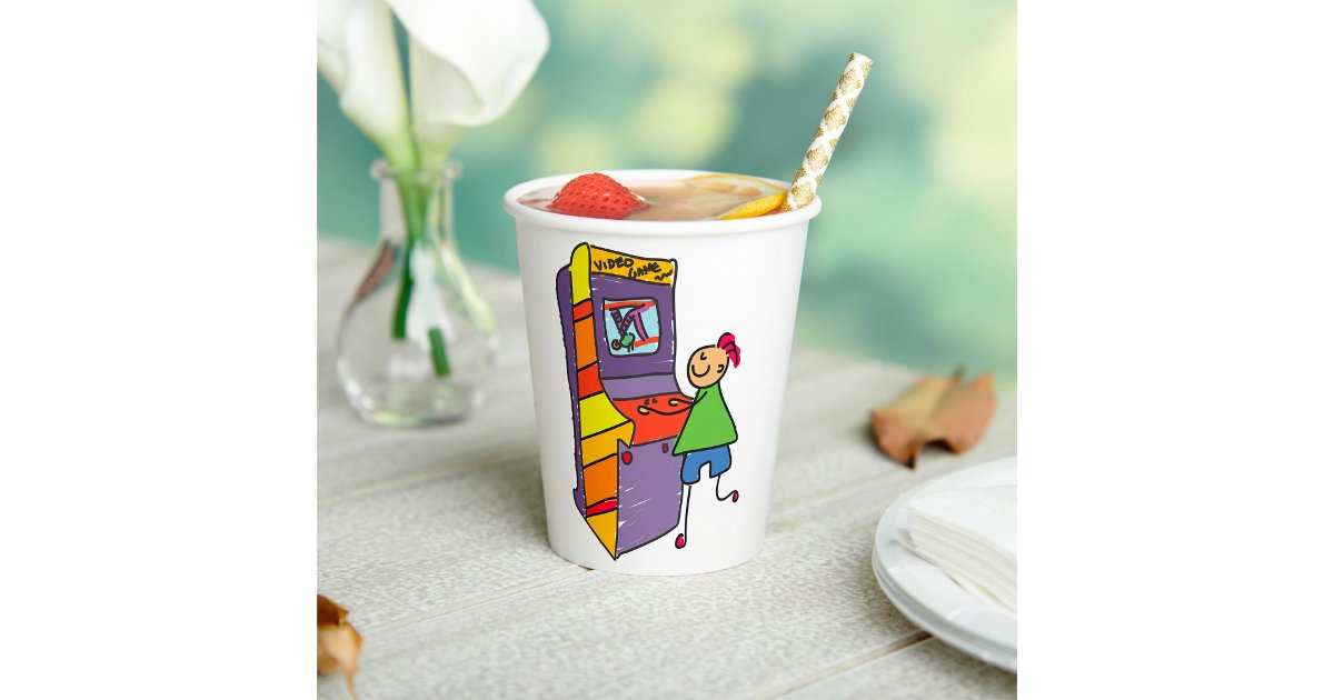 Arcade Gamer Stick Figure Fun Vintage Video Game Paper Cups | Zazzle