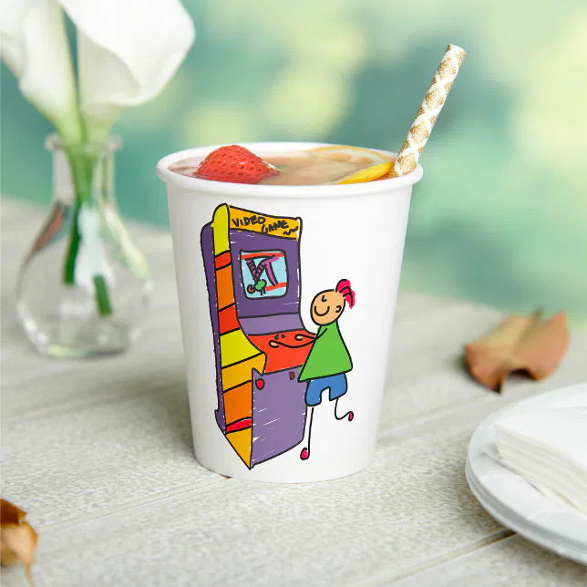 Arcade Gamer Stick Figure Fun Vintage Video Game Paper Cups | Zazzle