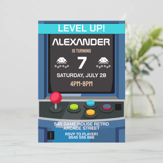 Arcade Video Game Level Up Birthday Invitation | Zazzle