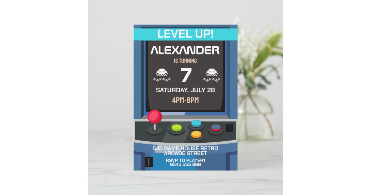 Arcade Video Game Level Up Birthday Invitation | Zazzle